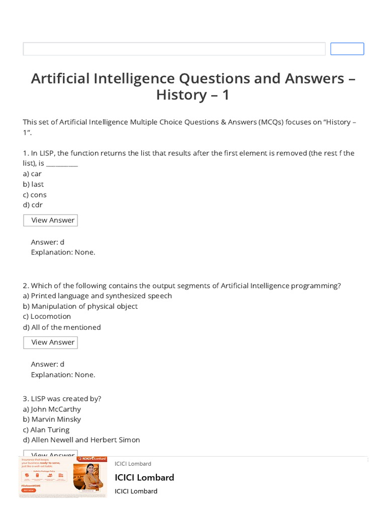 AI History: MCQs and Answers | PDF | Artificial Intelligence ...