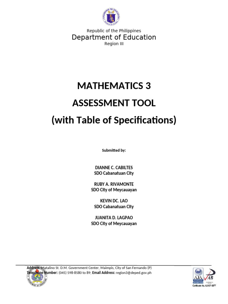 30 Item Math 3 Assessment Tool Diagnostic SY 2022 2023 | PDF
