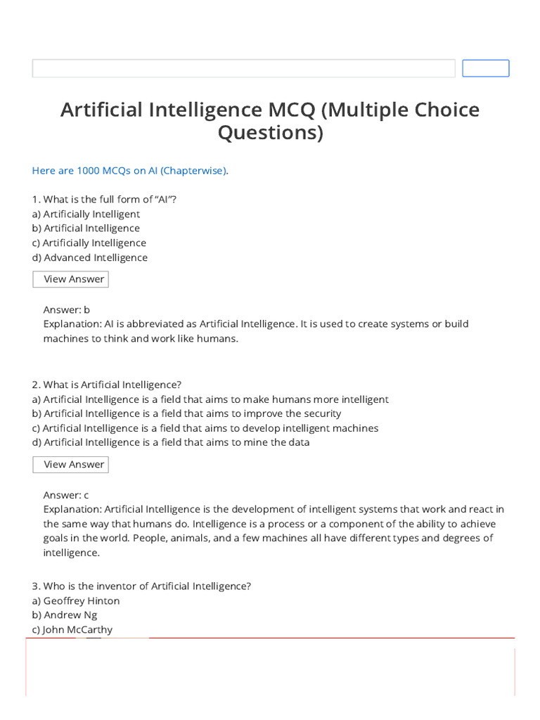 1000 Artificial Intelligence MCQ (Multiple Choice Questions) - Sanfoundry | PDF | Artificial ...