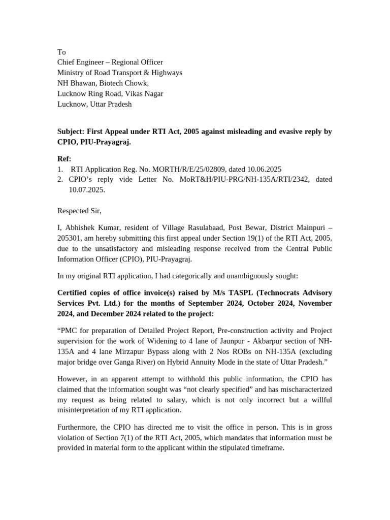 RTI First Appeal Abhishek Kumar | PDF | Public Law | Justice