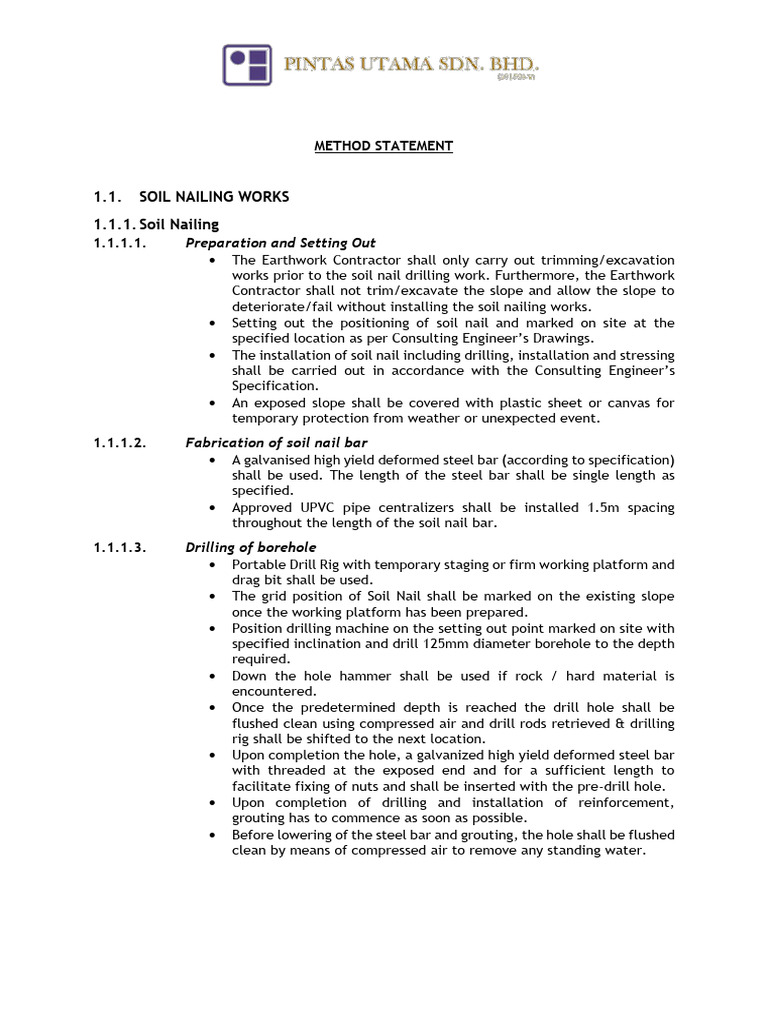 Method Statement Soil Nailing | PDF | Borehole | Civil Engineering