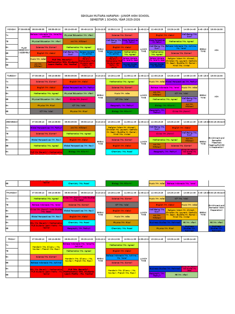 JHS Teaching Schedule Semester 1 2025-2026 OK | PDF | Inquiry | Science