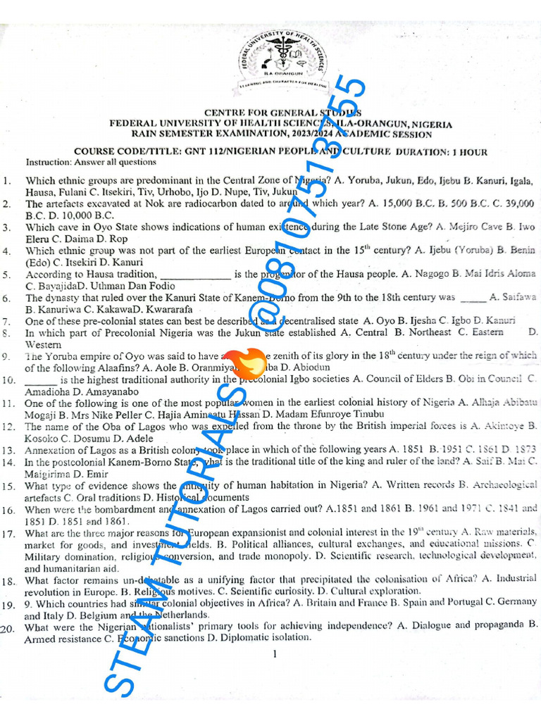 Steam Tutorials - 20232024 Fuhsi 100 Level Pqs (Cats & Exams) | PDF