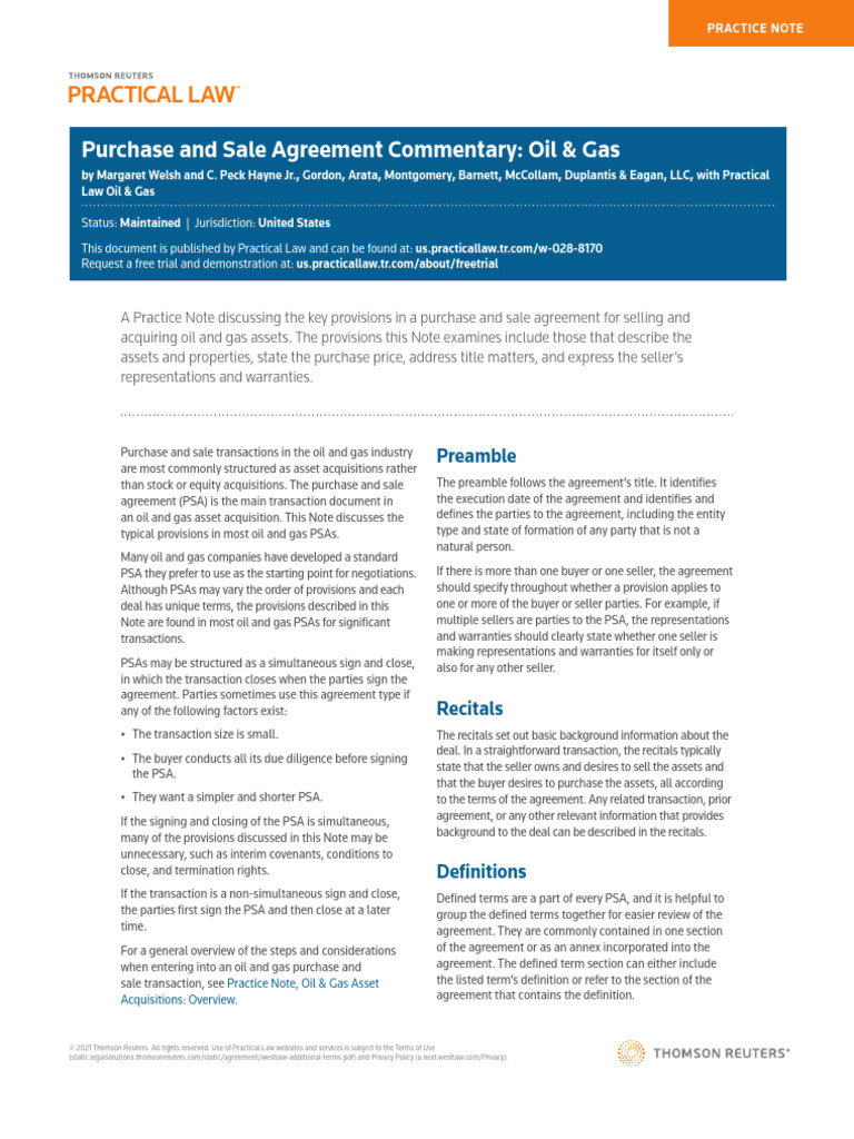 Oil & Gas Purchase Agreement Guide | PDF | Mergers And Acquisitions ...