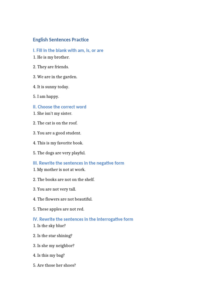 English Sentence Practice Exercises | PDF