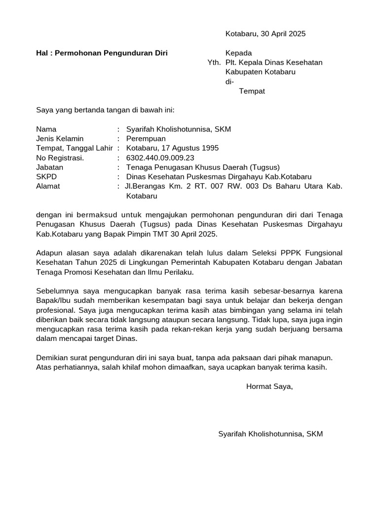 Surat Penghunduran Diri Misna TNP | PDF