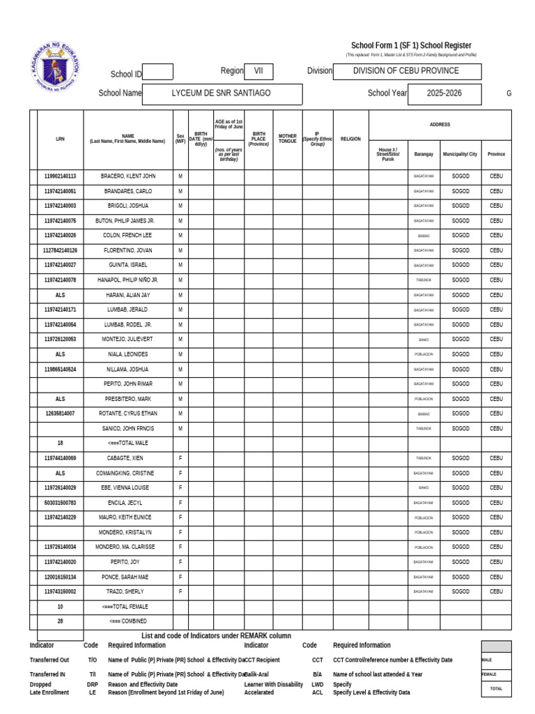 School Form 1 (SF 1) Register 2025-2026 | PDF