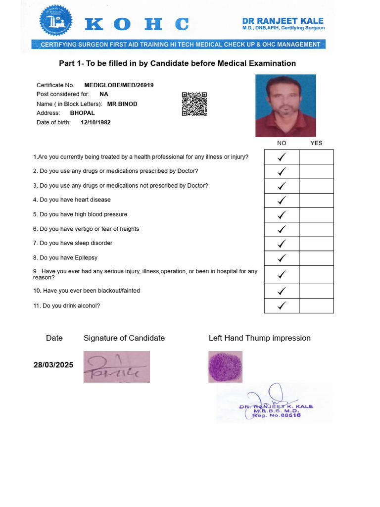 BINOD Medical Certificate | PDF | Blood Pressure | Medical Specialties