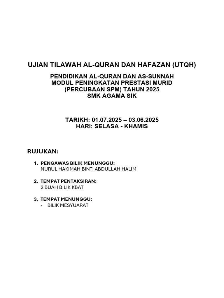 Jadual Utqh Percubaan SPM Tahun 2025 | PDF