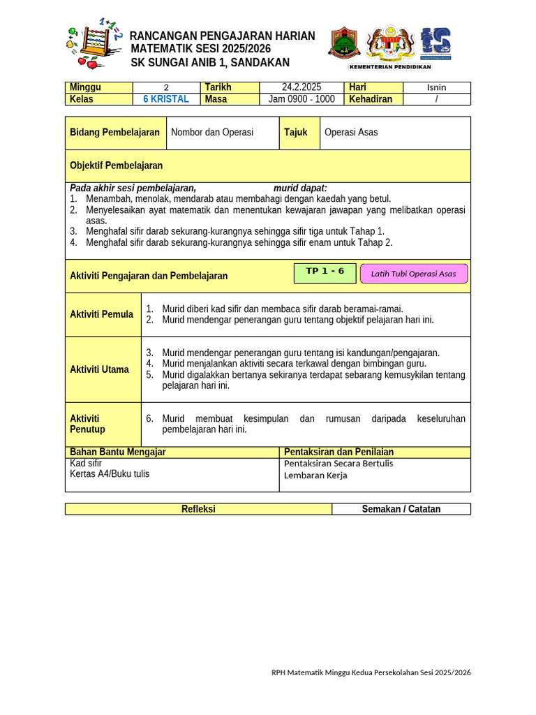 RPH Minggu Kedua Sekolah | PDF