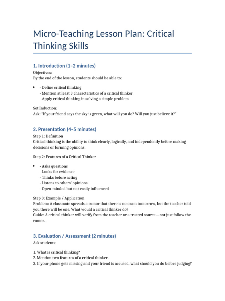 Critical Thinking Micro Teaching Lesson Plan | PDF