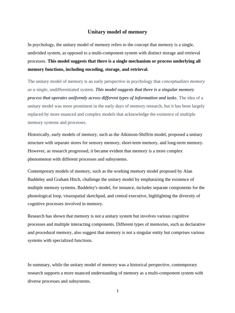 Unitary Model of Memory Explained | PDF | Memory | Long Term Memory
