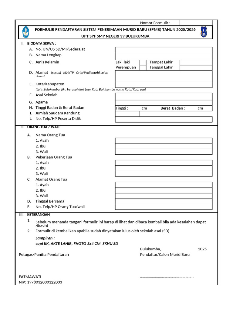 Formulir Pendaftaran SPMB 2025/2026 | PDF