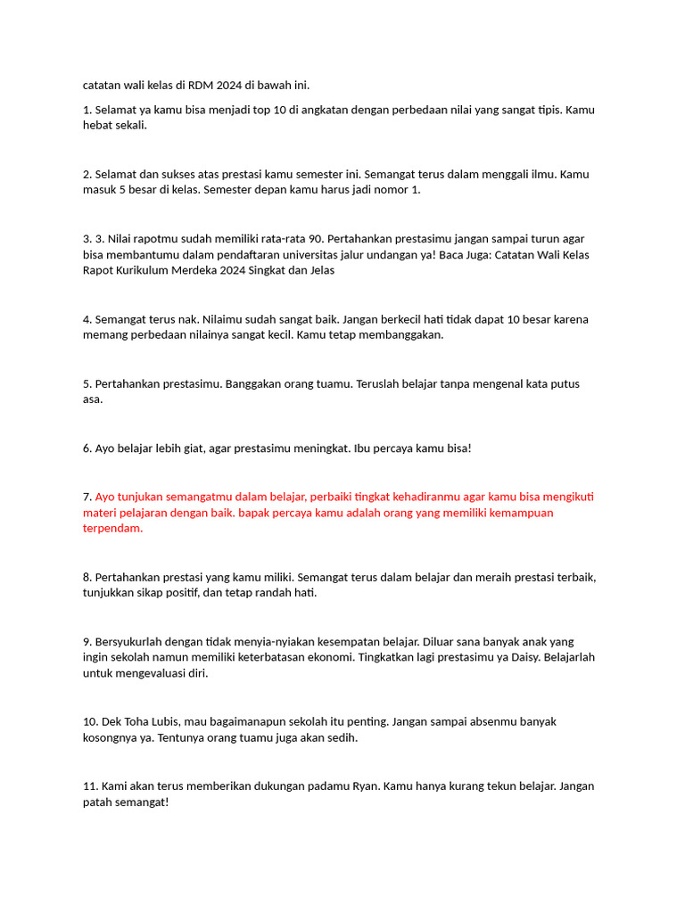 Catatan Wali Kelas Di RDM 2024 Di Bawah Ini | PDF
