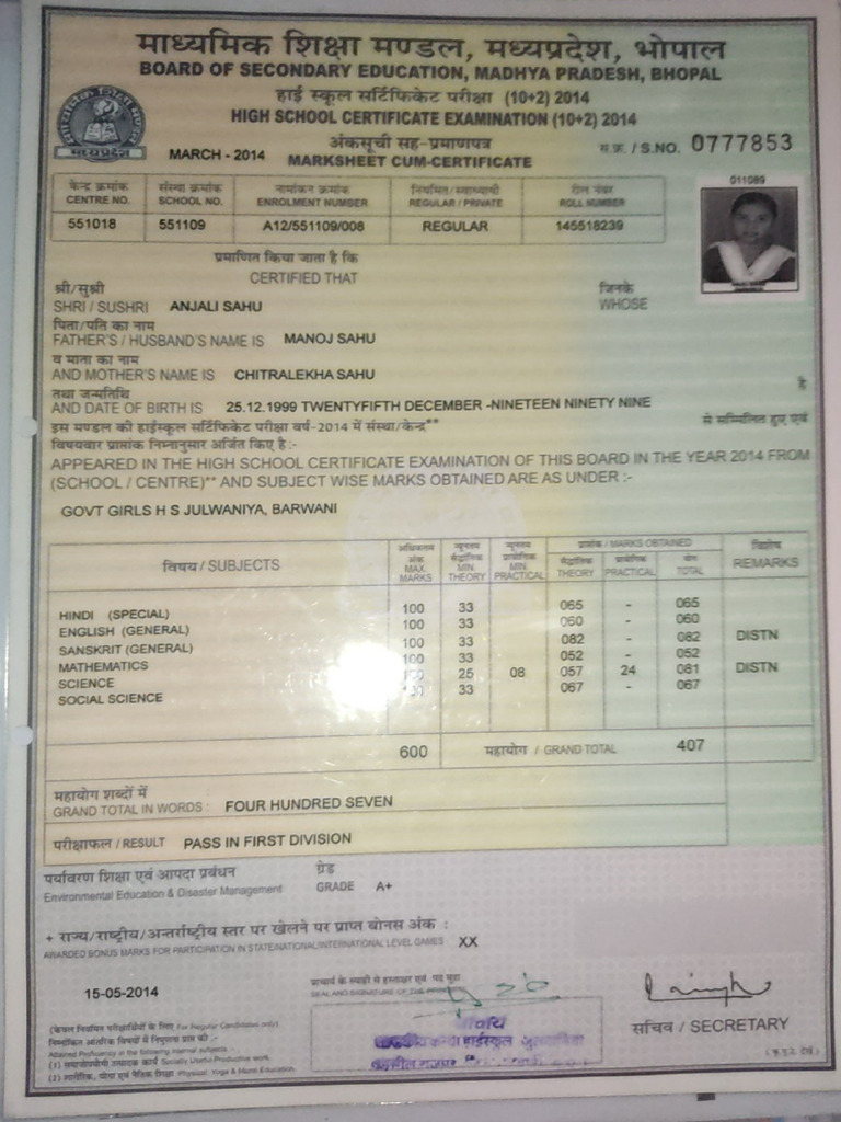 10th Marksheet | PDF