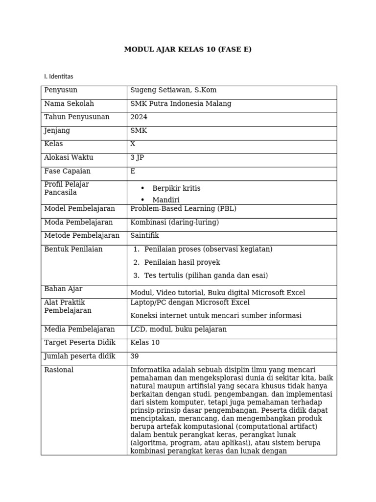 Modul Ajar Microsoft Excel Kelas 10 | PDF