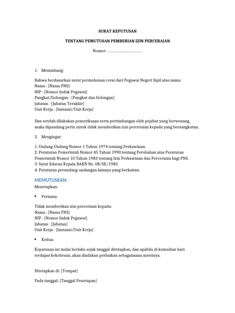 Surat Pemutusan Izin Perceraian PNS | PDF