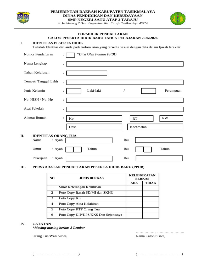 Formulir Pendaftaran Ppdb 2025-2026 | PDF