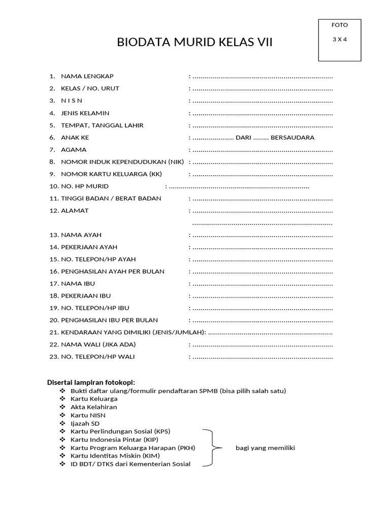 Biodata Murid Kelas Vii | PDF
