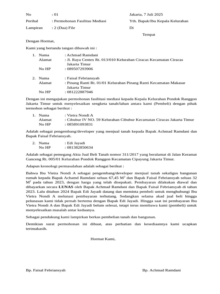 Surat Permohonan Mediasi | PDF