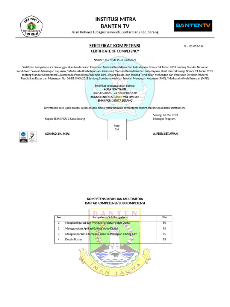 2 Sertifikat Uji Kompetensi 2024 MULTIMEDIA | PDF