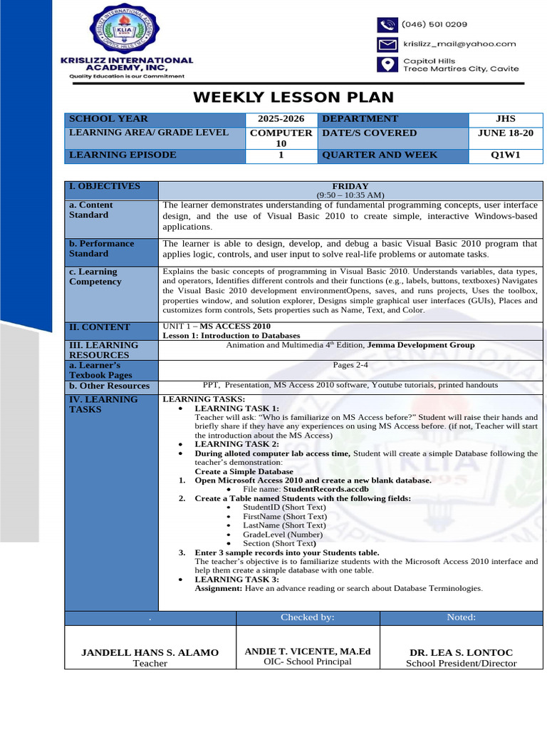JHS Computer Lesson Plan Q1W1 2025-26 | PDF | Microsoft Access | Databases