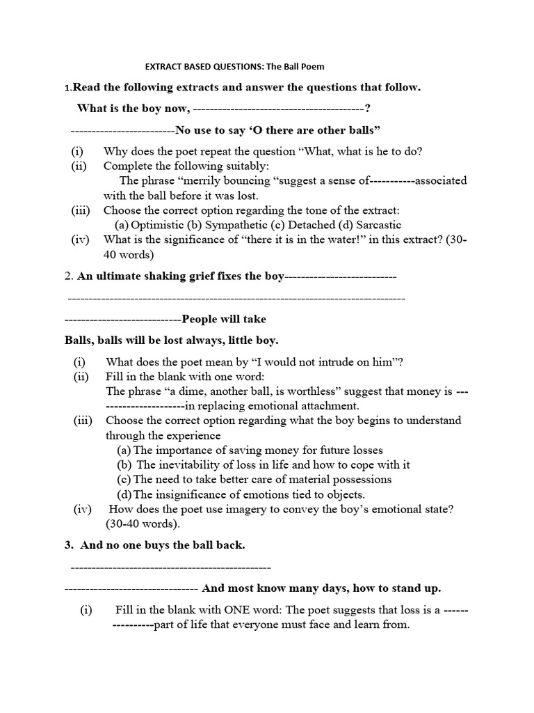 Extract-Based Questions on "The Ball Poem" | PDF | Poetry | Psychology