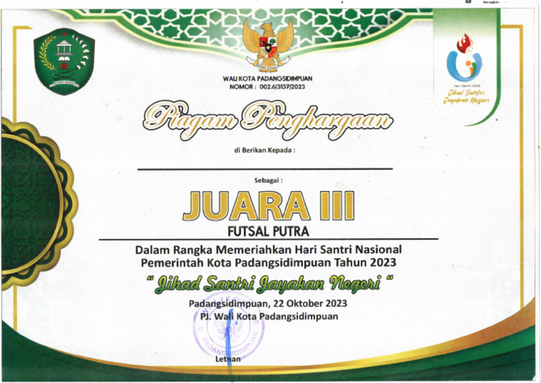 Piagam Futsal Juara 3 2023 | PDF