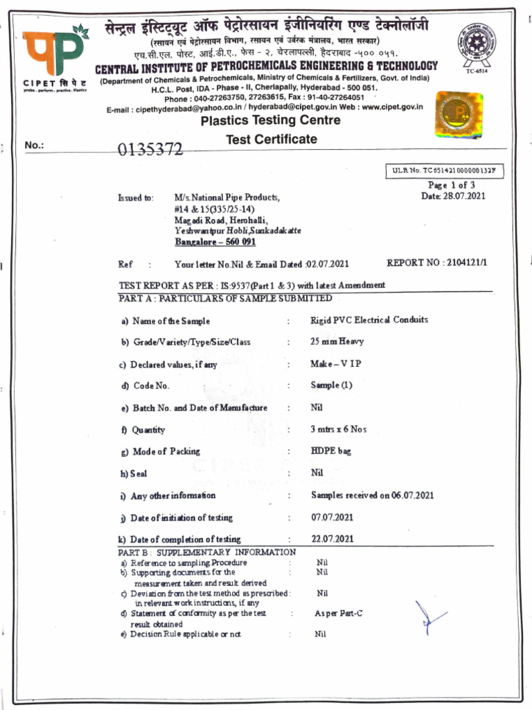 Vip Cipet Test Certificate 28.07.2021 | PDF | Plastic | Building ...