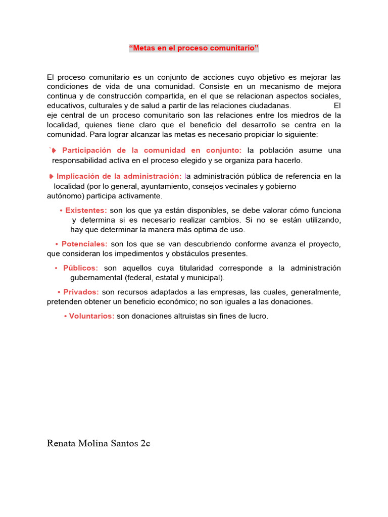 Metas en El Proceso Comunitario | PDF