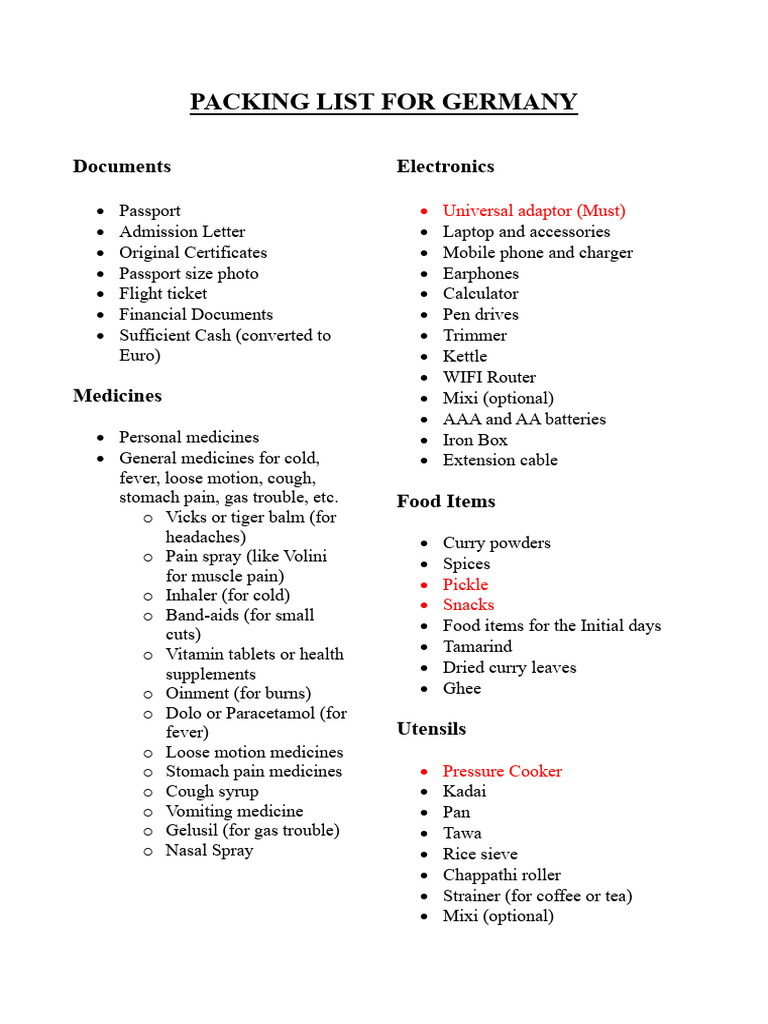 Essential Packing List for Germany | PDF