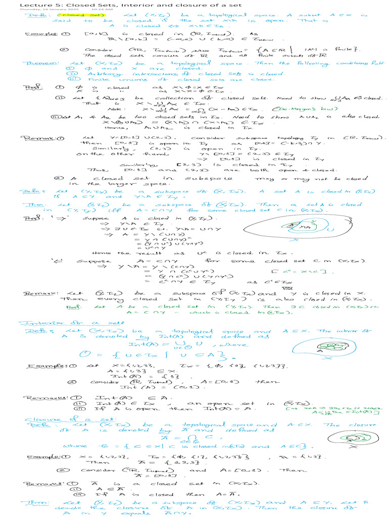 Lecture 5 Closed Sets, Interior and Closure of A Set | PDF
