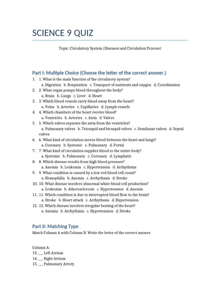 Circulatory System Quiz for Science 9 | PDF | Circulatory System | Heart