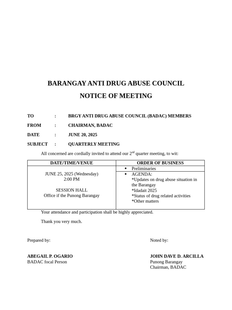 BADAC Quarterly Meeting Notice | PDF