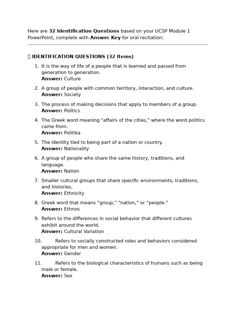 32 UCSP Module 1 Identification Questions | PDF | Homosexuality ...