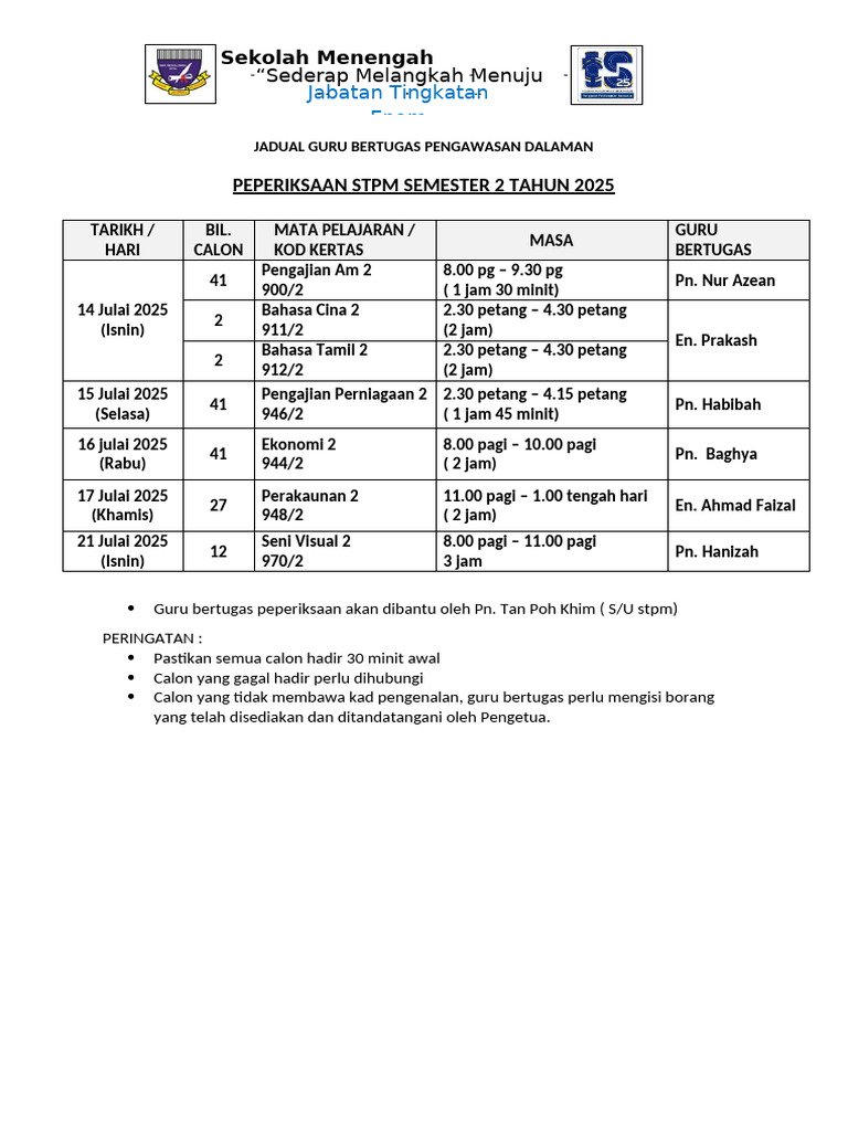 Jadual Tugas Guru STPM 2-1 | PDF