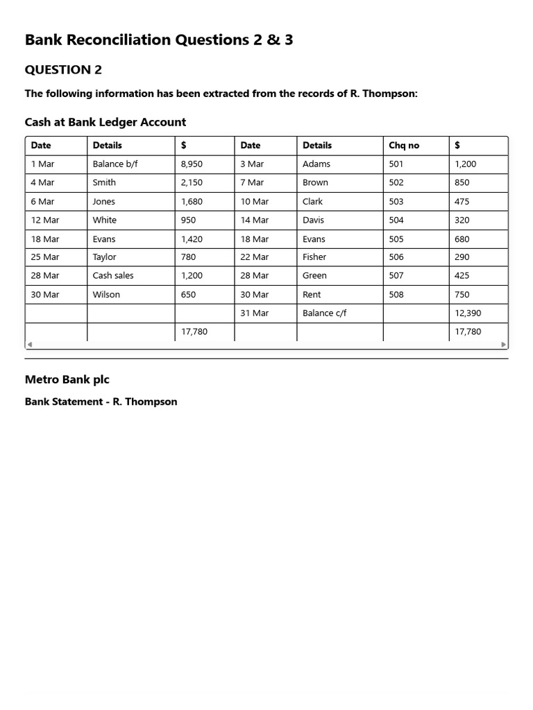 Bank Reconciliation Questions 2 & 3 | PDF | Debits And Credits | Banks