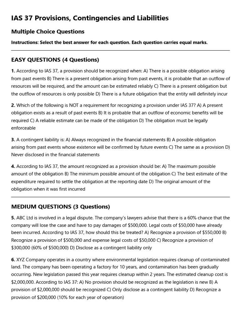 IAS 37 MCQs on Provisions & Contingencies | PDF | Business