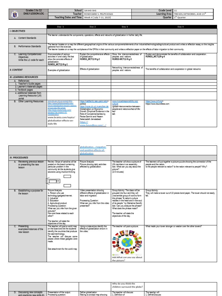 Globalization Lesson Plan for Grade 11 | PDF | Globalization | Learning