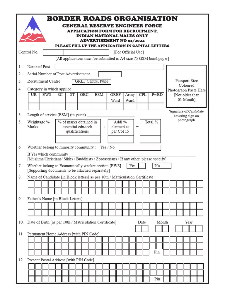 BRO Recruitment 2024 Application Form | PDF | Driver's License