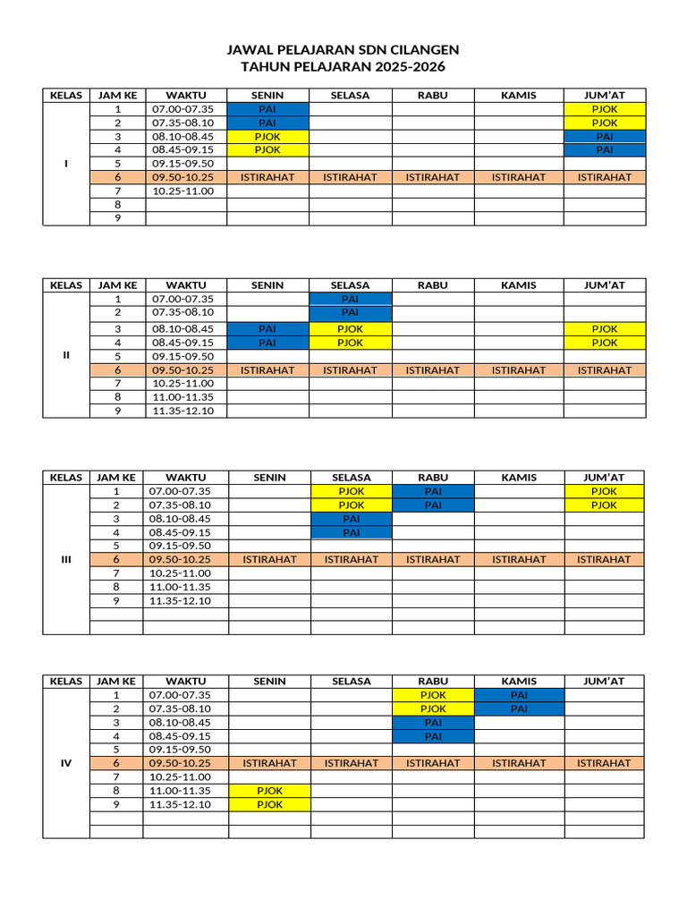 Jadwal Pelajaran 2025-2026 | PDF