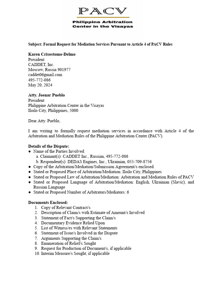 Mediation Request to PACV by CADDET Inc. | PDF | Mediation | Arbitration