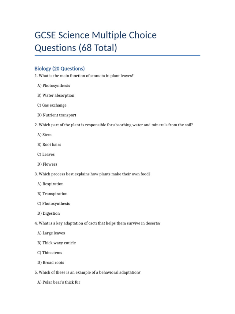 GCSE Science MCQ Practice Questions | PDF | Chemical Reactions | Magnesium