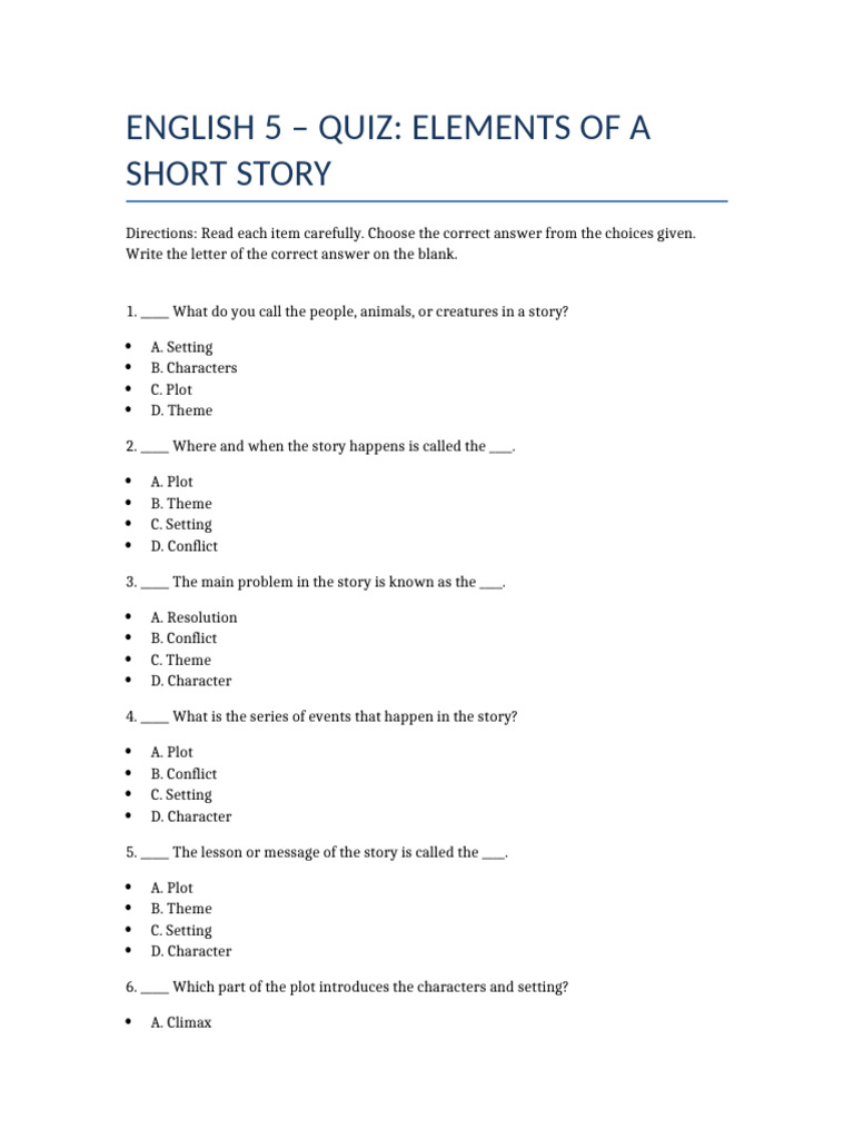 Short Story Elements Quiz | PDF