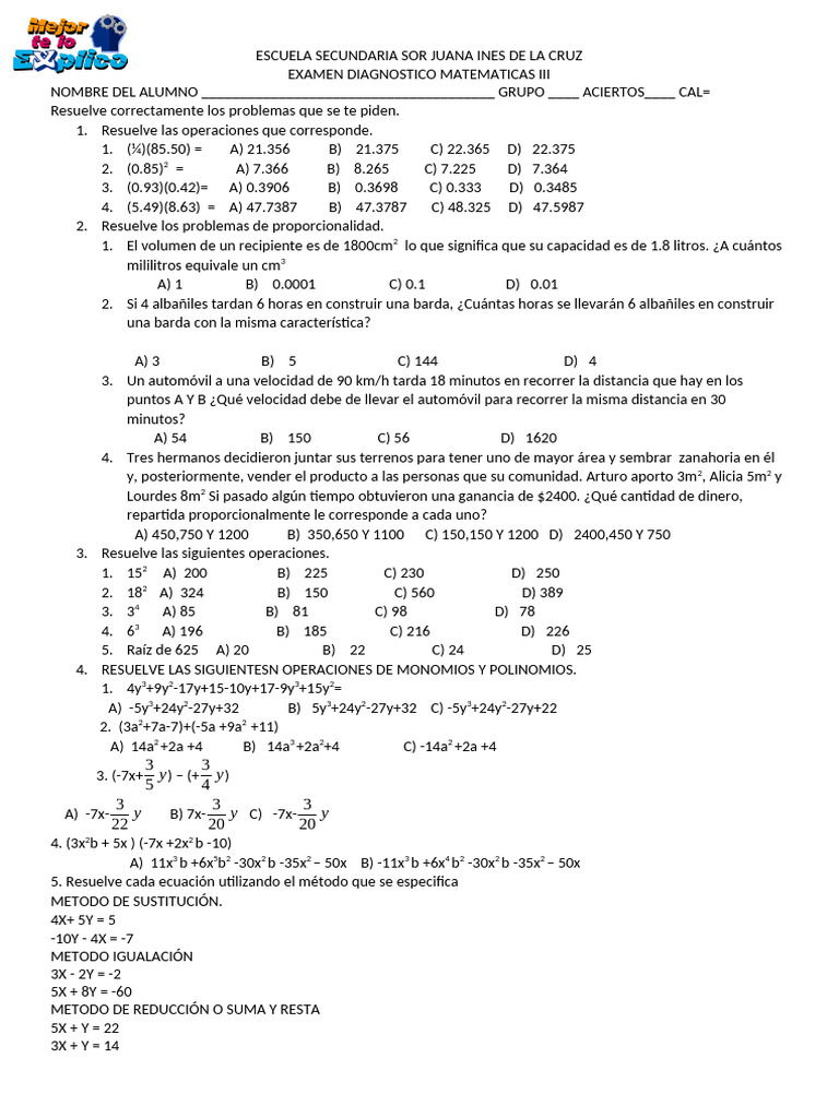 Examen Diagnostico 3ro | PDF | Matemáticas