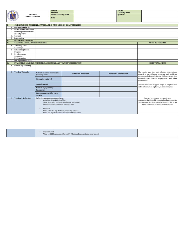Lesson Exemplar Template | PDF | Learning | Teachers