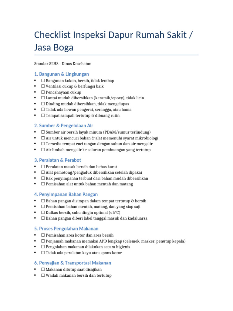 Checklist Inspeksi Dapur SLHS | PDF