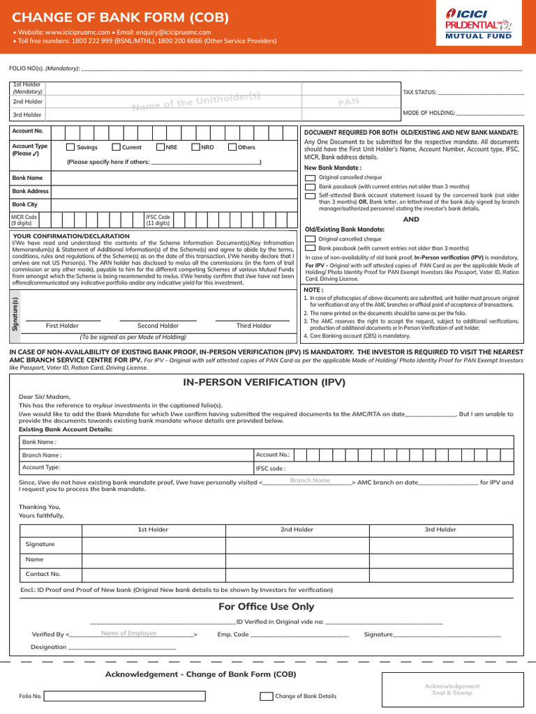 ICICI Mutual Fund Bank Change Form | PDF | Identity Document