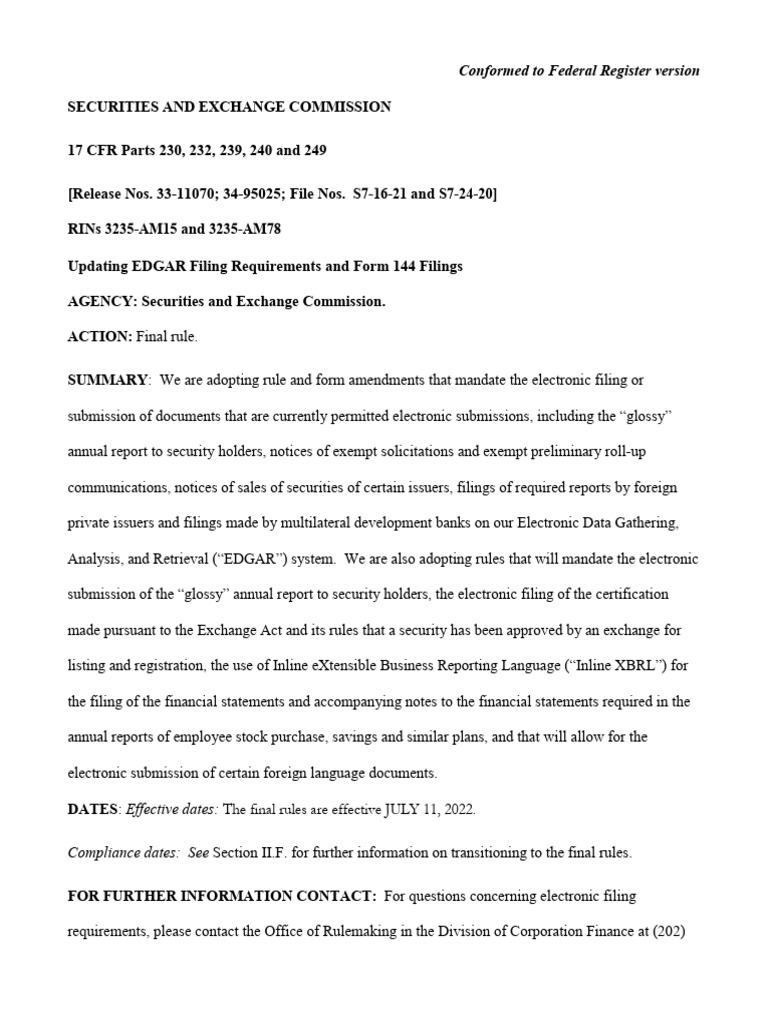EDGAR Filing Updates and Form 144 Changes | PDF | Form 10 K ...
