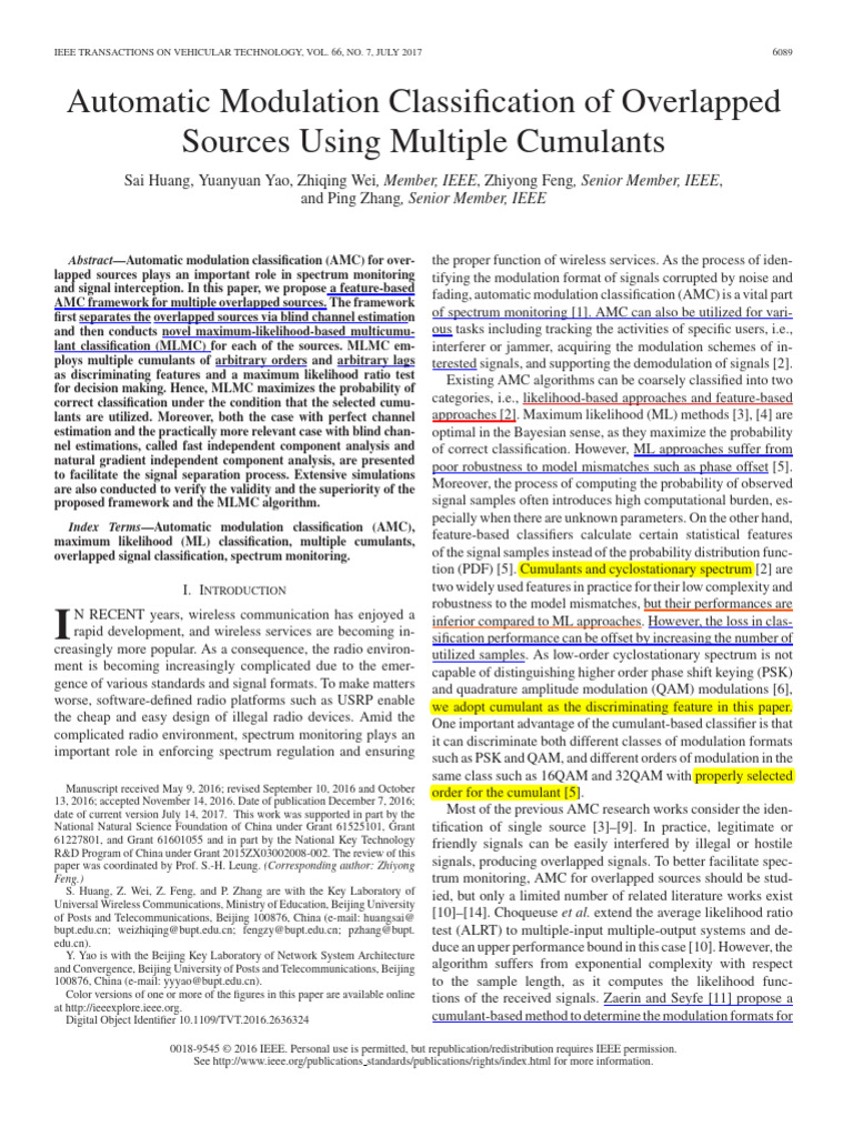 Automatic Modulation Classification of Overlapped Sources Using Multiple Cumulants | PDF ...